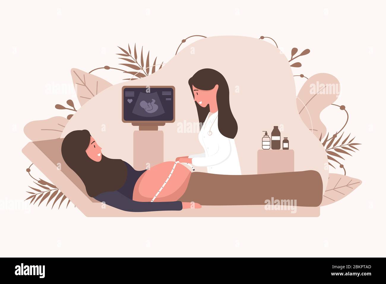Embryo baby health diagnostic illustration. Female doctor scanning arab ...