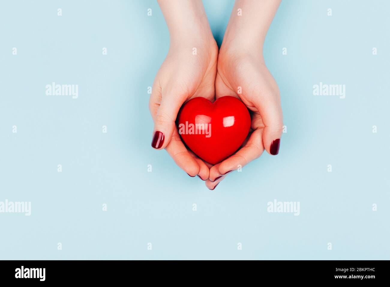 Woman's hands hold a red heart on a pastel blue background. Mercy ...