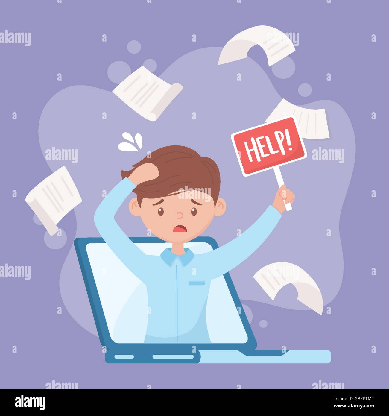 stress at work, stressed employee with help placard in video call ...