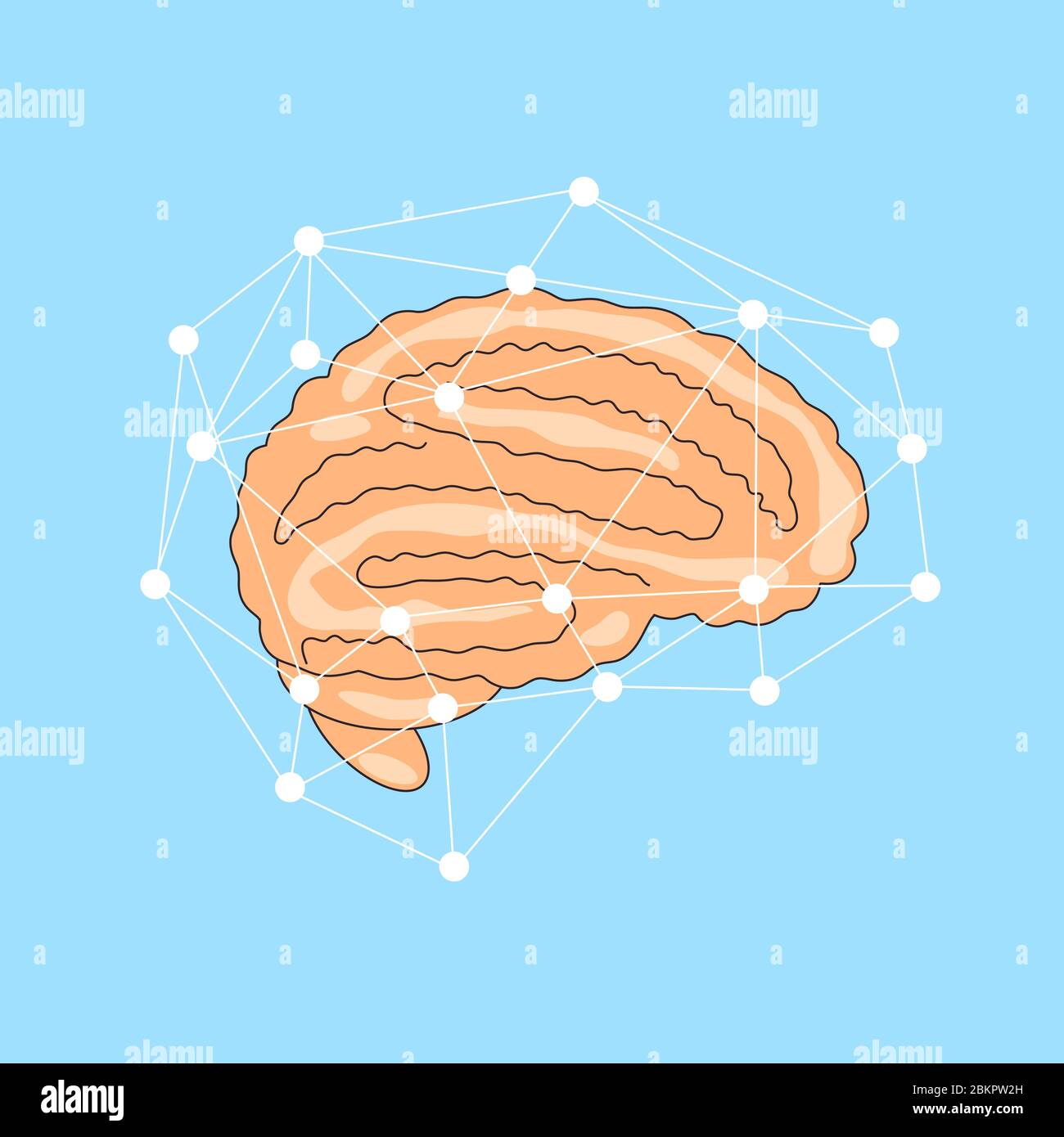 Vector flat illustration of brain with network of line around it ...