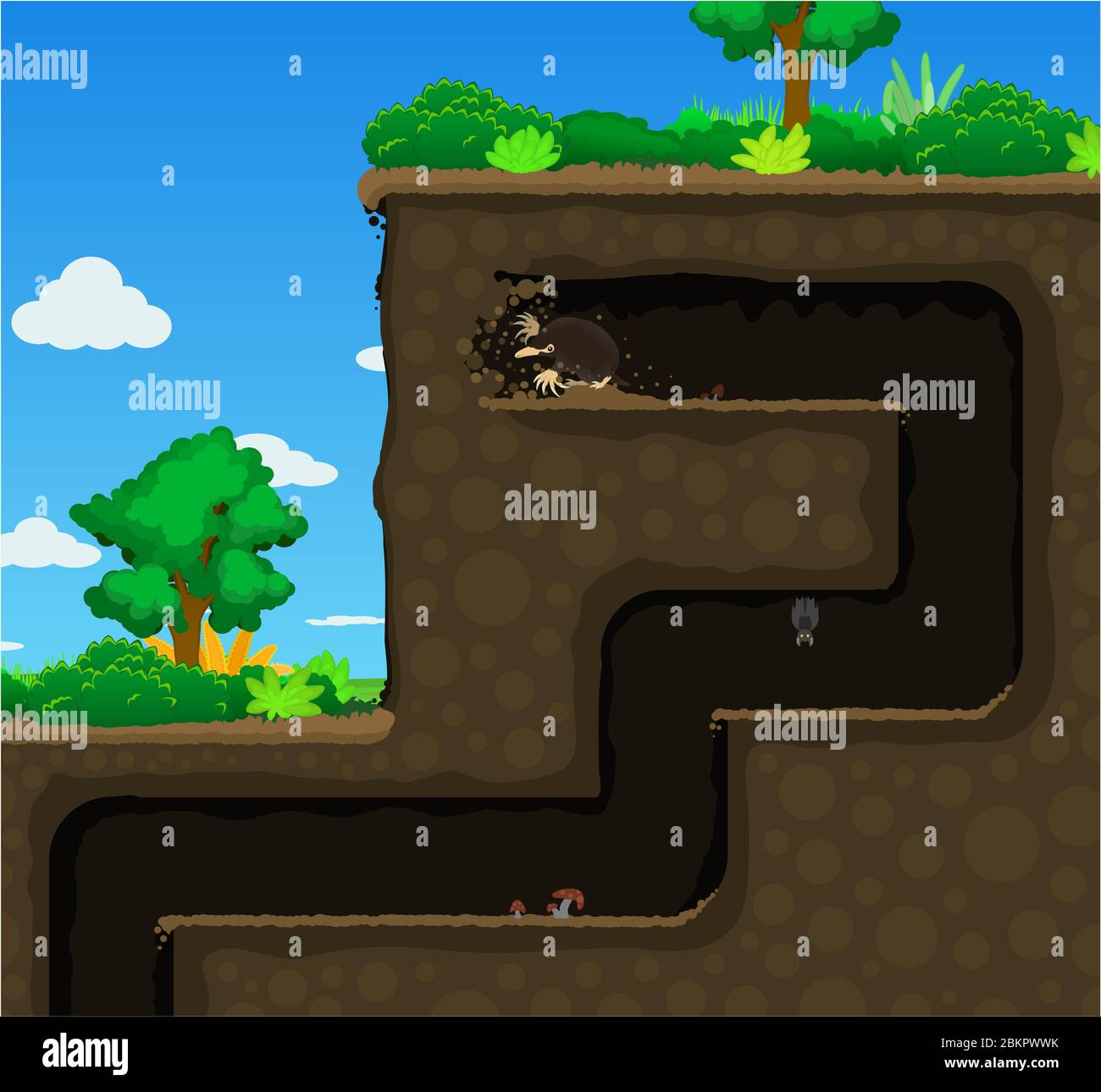 Mole digging tunnel underground high in cliff, color vector cartoon ...