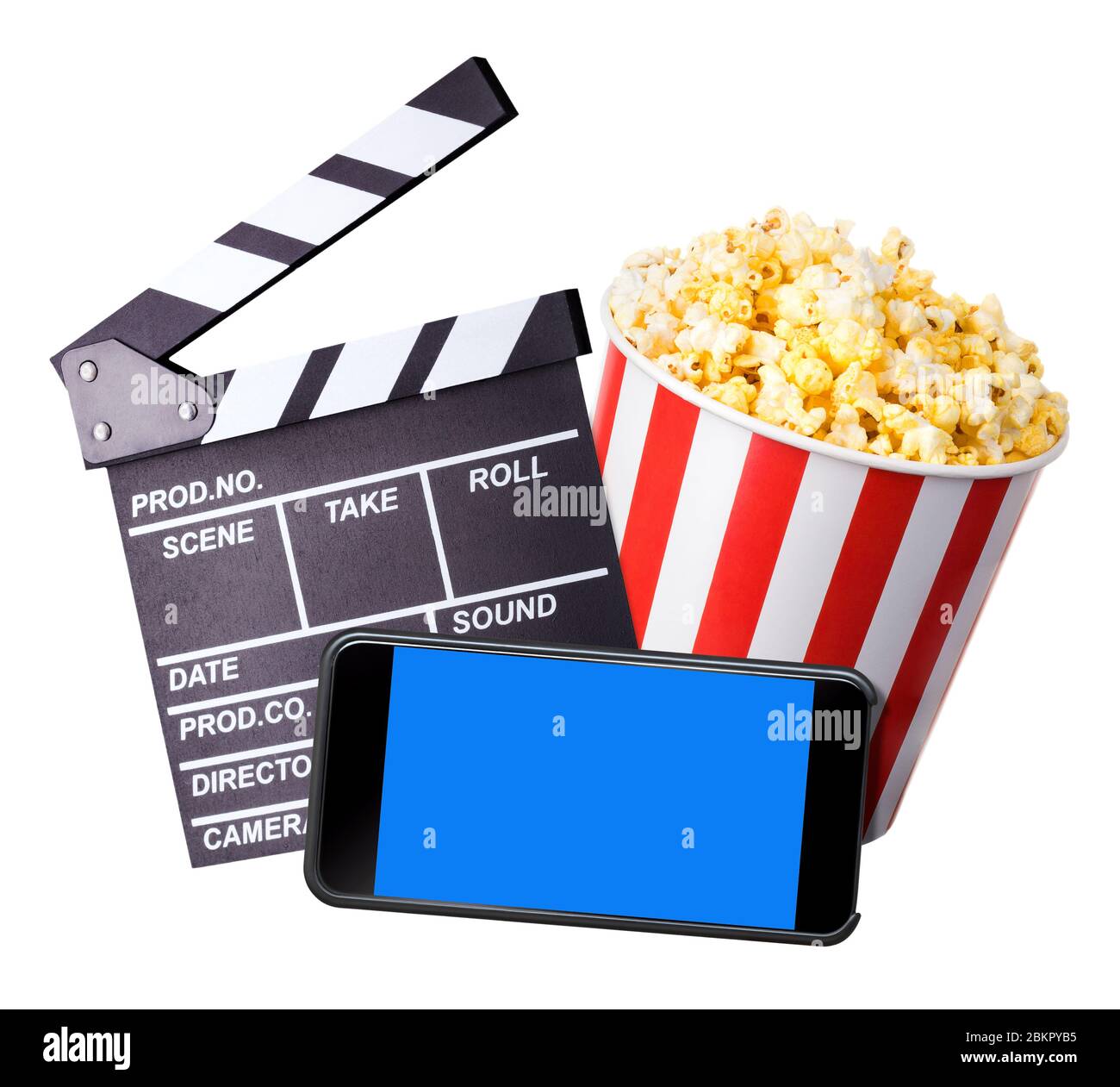 Flying popcorn, film clapper board and phone isolated on white ...
