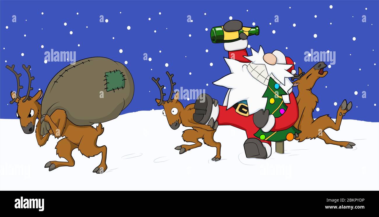 Christmas party celebration, reindeer pushing drunk Santa forward, one ...