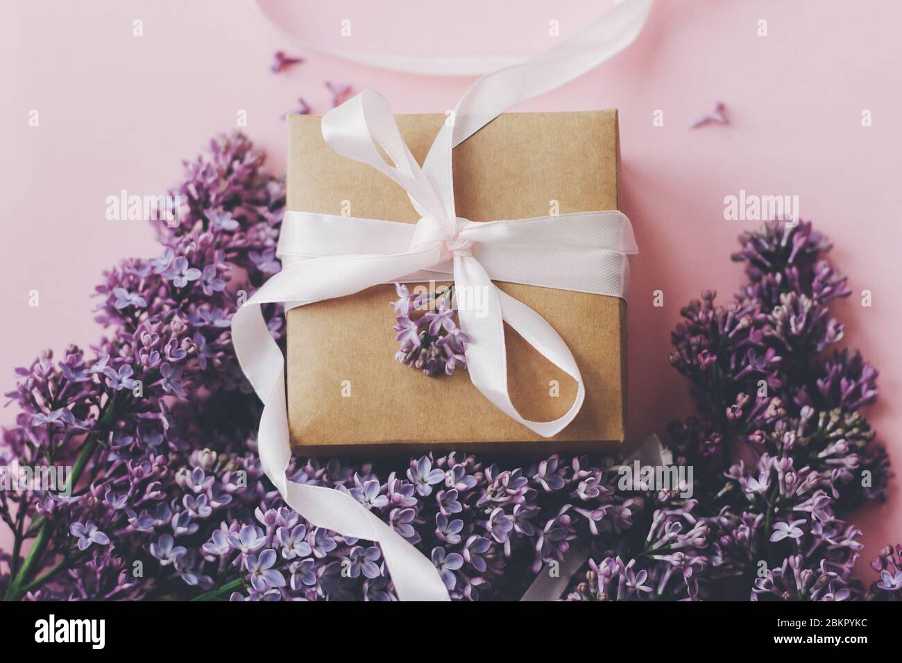 Lilac flowers and gift box on pink background. Stylish floral greeting ...