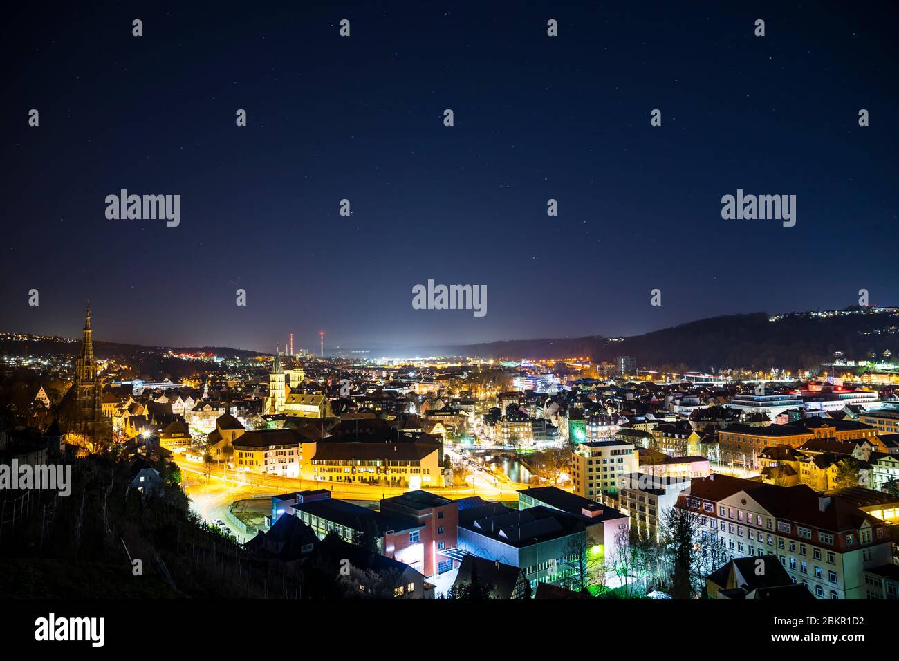 Germany, Magical starry sky old town buildings of medieval city ...