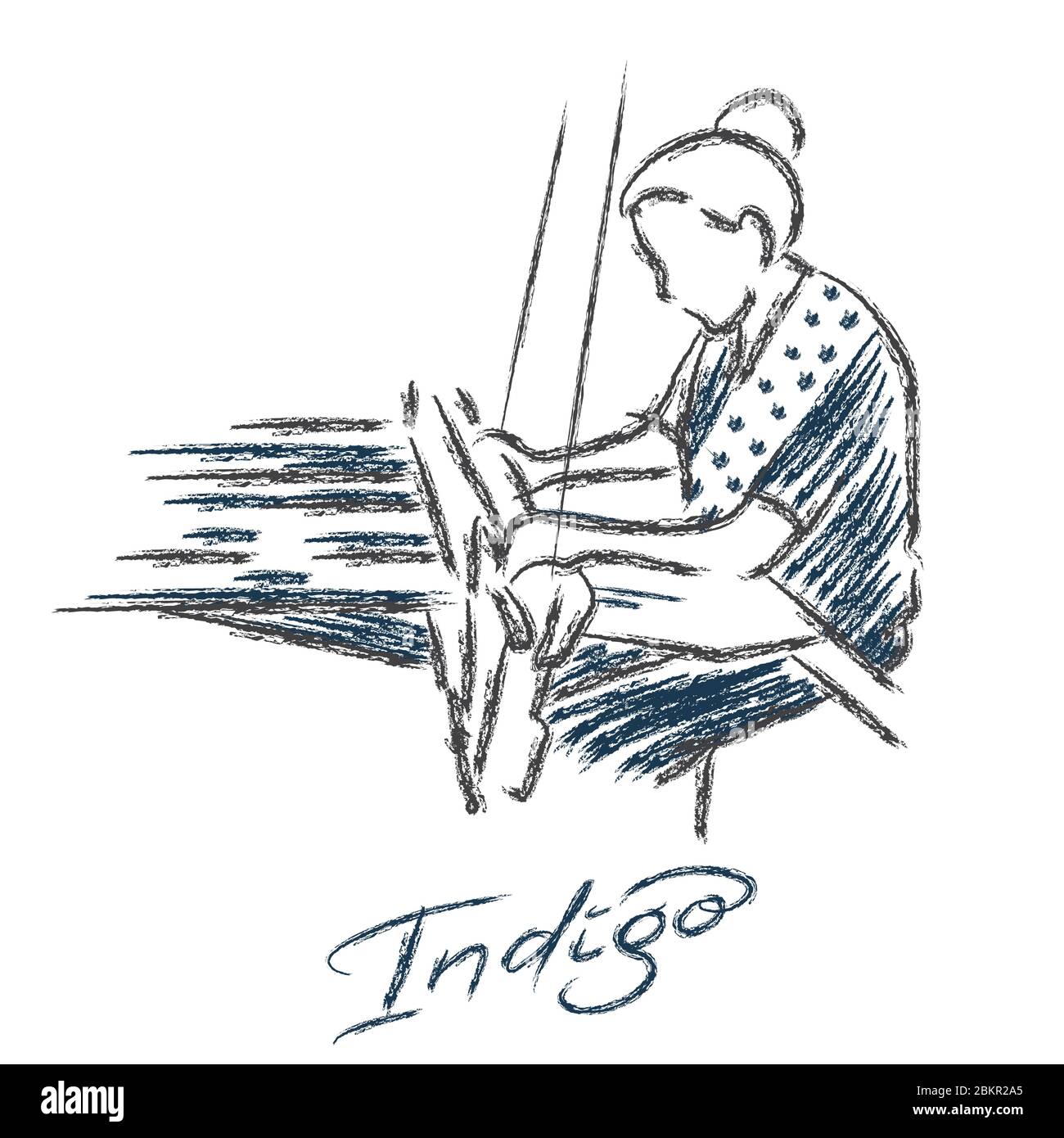 A woman hand weaving and dyeing drawing with brush line stroke style ...