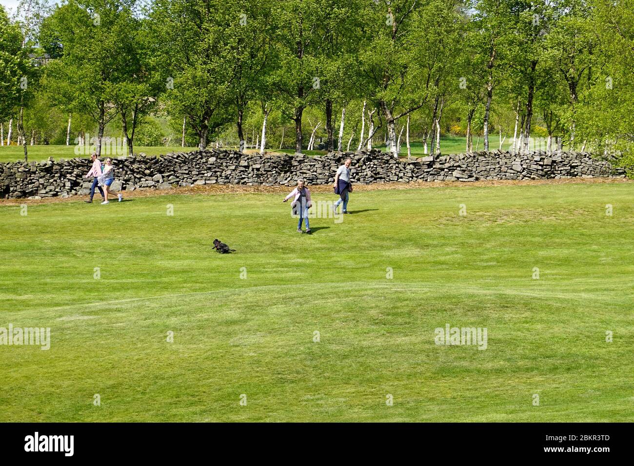Walkers go across the public path on New Mills Golf Course Stock Photo ...