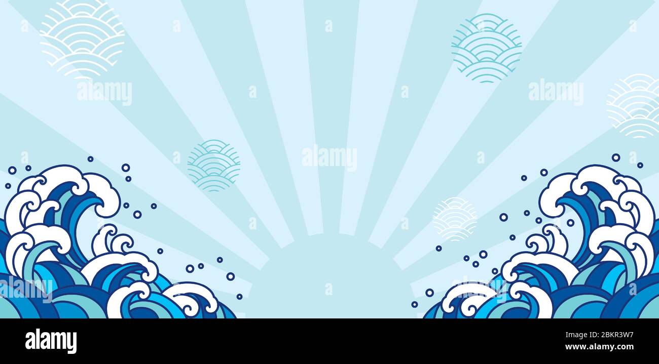 Blue orient wave illustration. Japan wave isolated on light blue shine ...