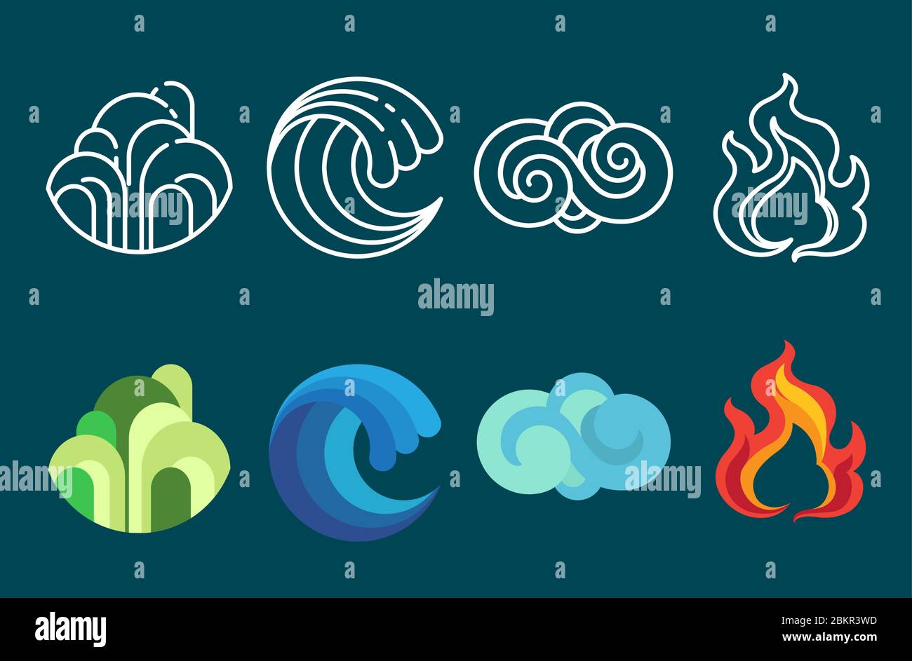 Four element icon set vector and illustration.Flat and line art styles ...