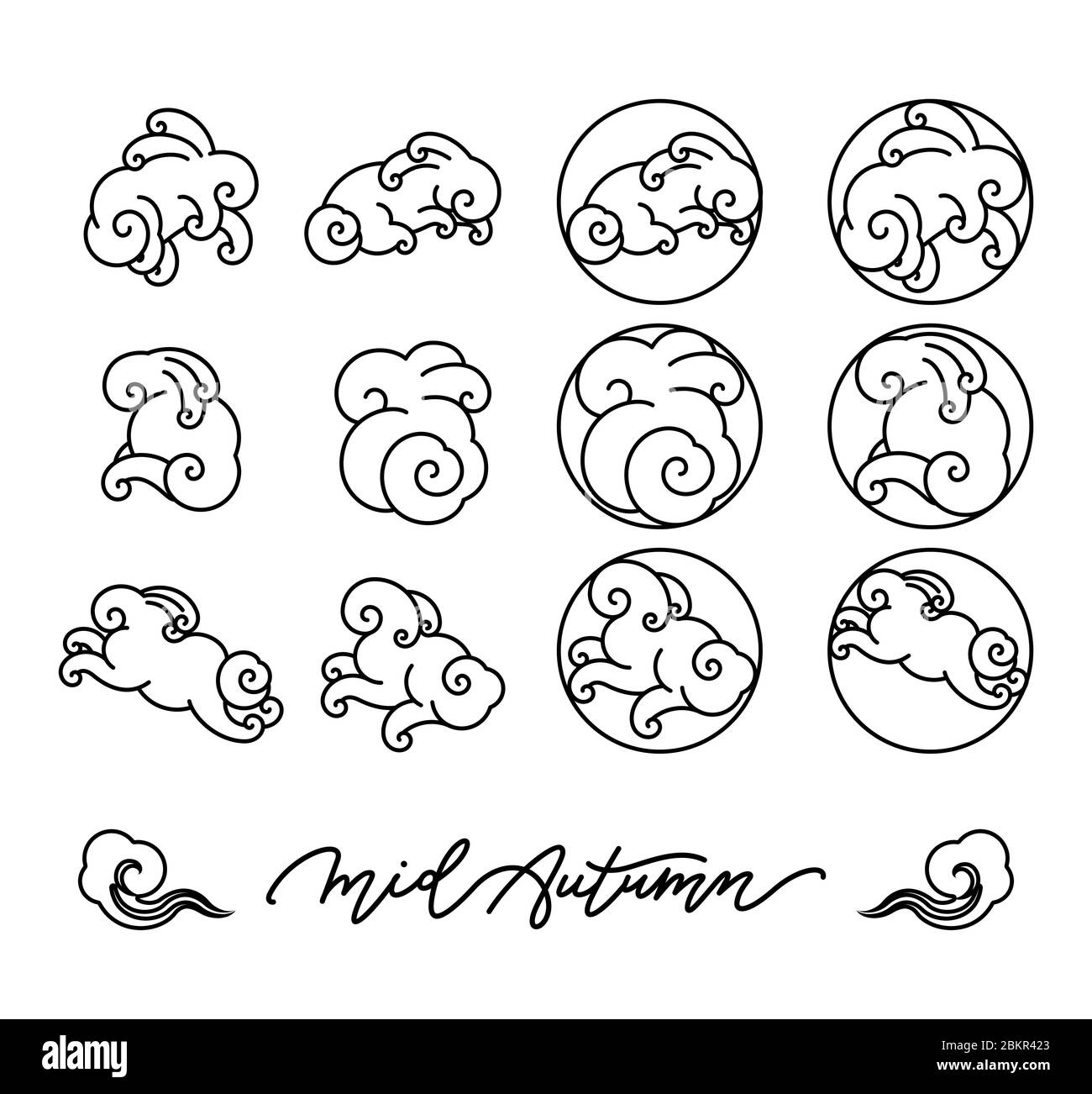 Chinese cloud line vector illustration. Rabbit clouds for Mid autumn ...