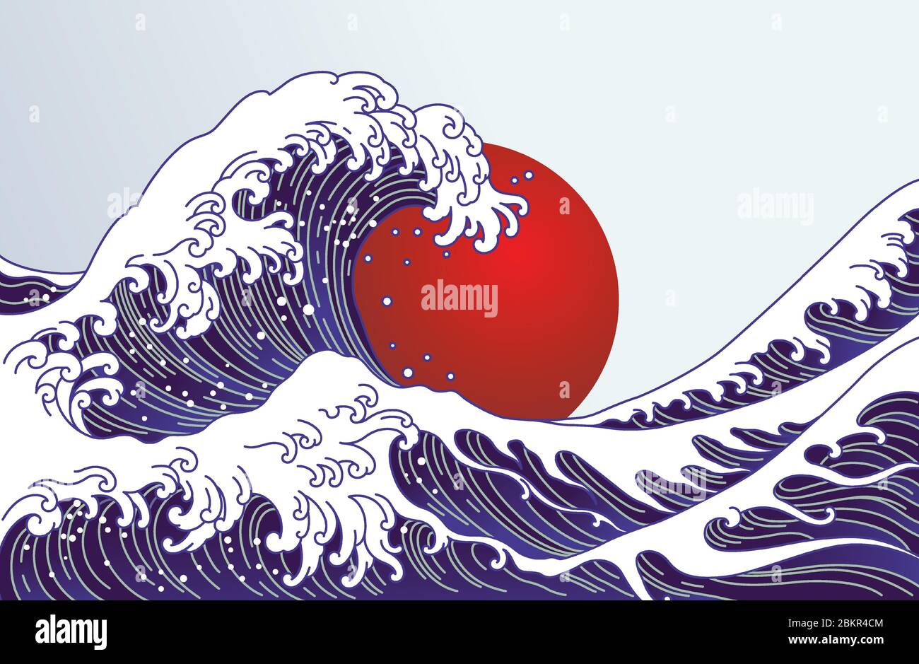Traditional Japan wave, big red sun illustration. Japan flag design ...