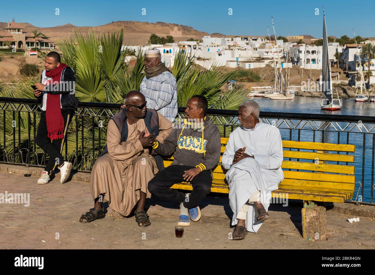 Egypt, Upper Egypt, Nile valley, Aswan, nubian men near the Nile with ...