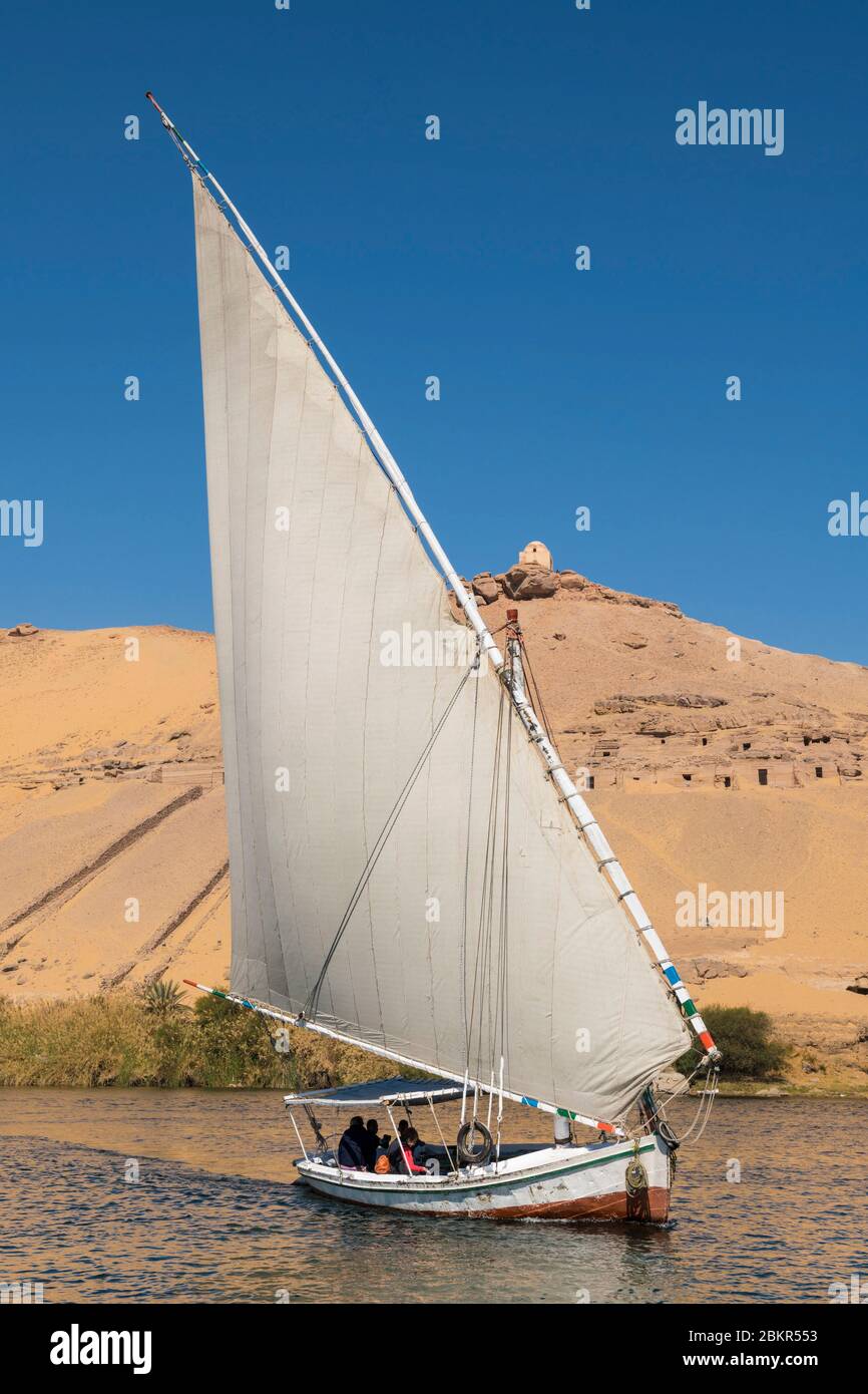 Egypt, Upper Egypt, near Elephanine island, sailor on a felucca sailing ...