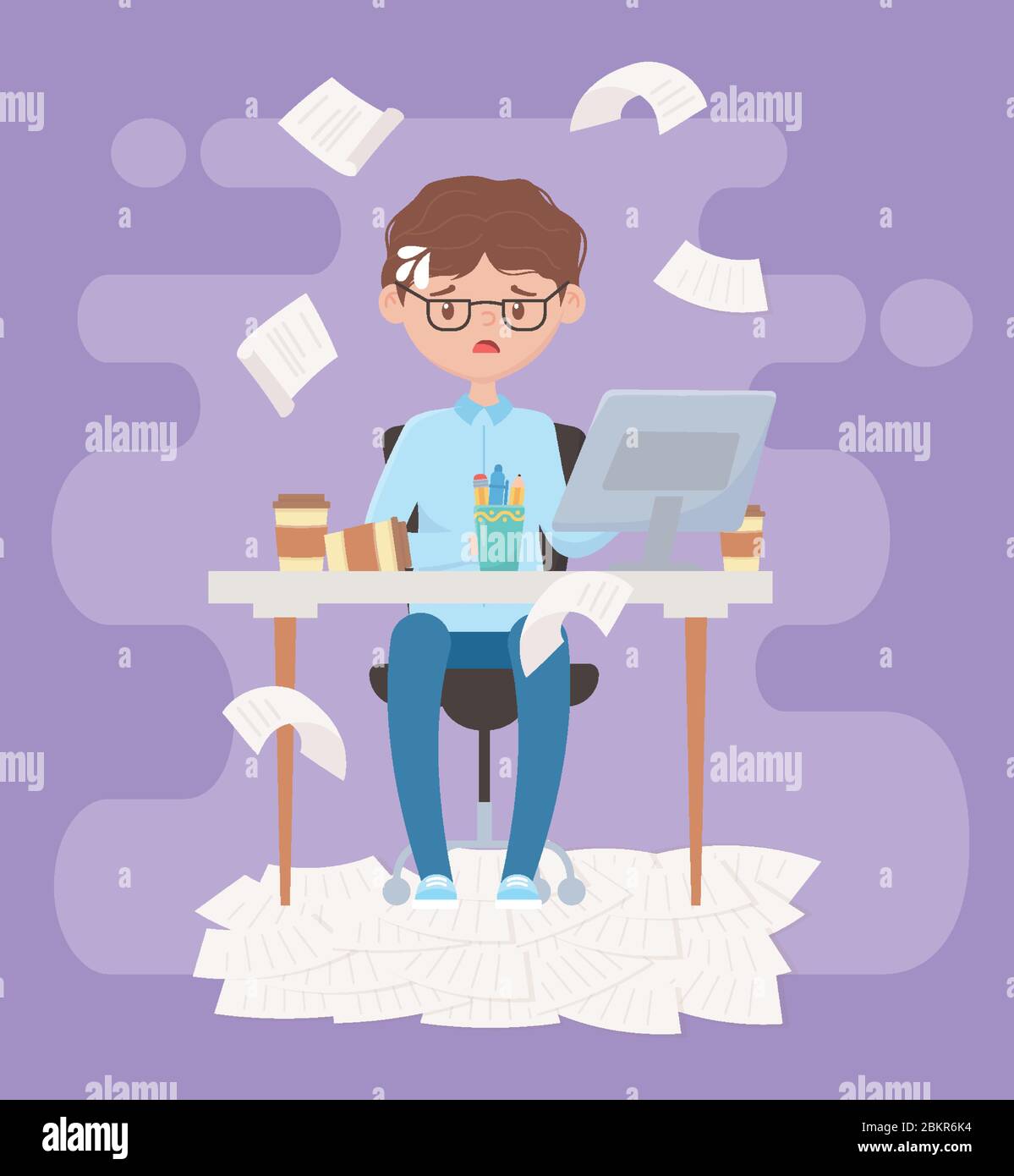 stress at work, exhausted businessman sitting in the office vector ...