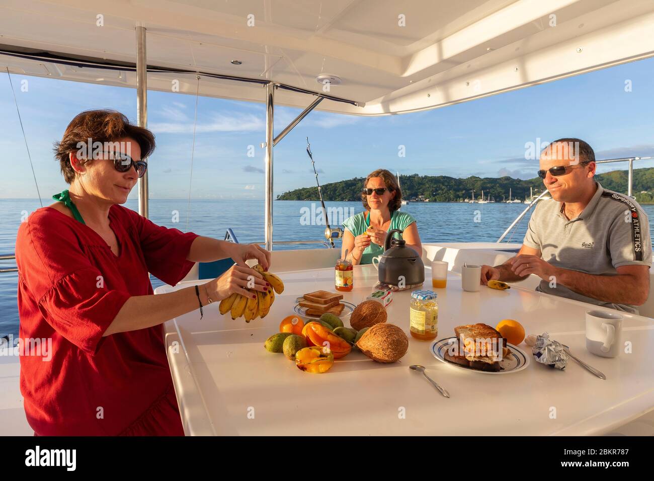 Seychelles, Praslin island, breakfast time onboard a Moorings 400 Stock ...