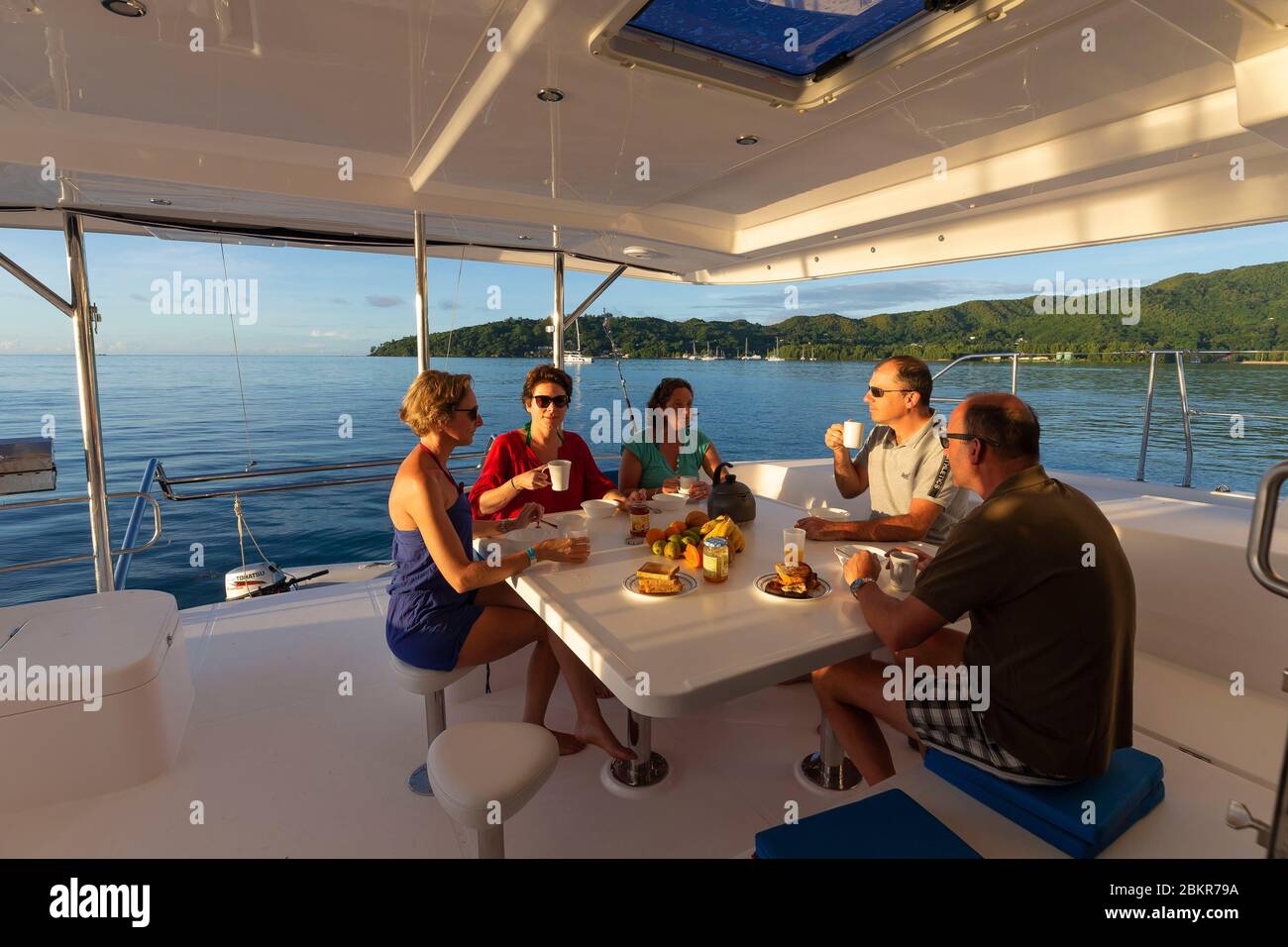 Seychelles, Praslin island, breakfast time onboard a Moorings 400 Stock ...