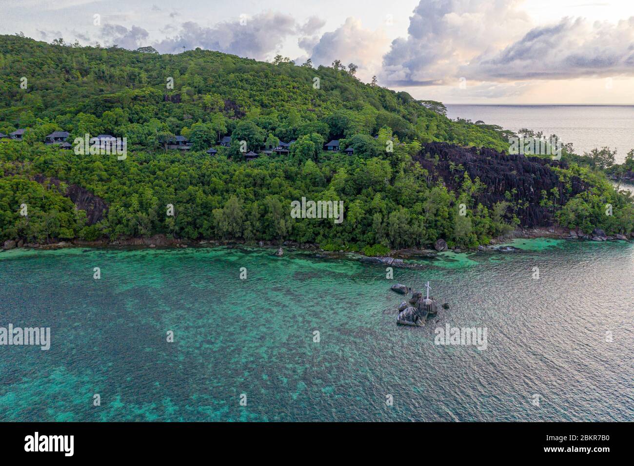 Seychelles, Mahe island, Port Launay, boats at the anchor (aerial view ...