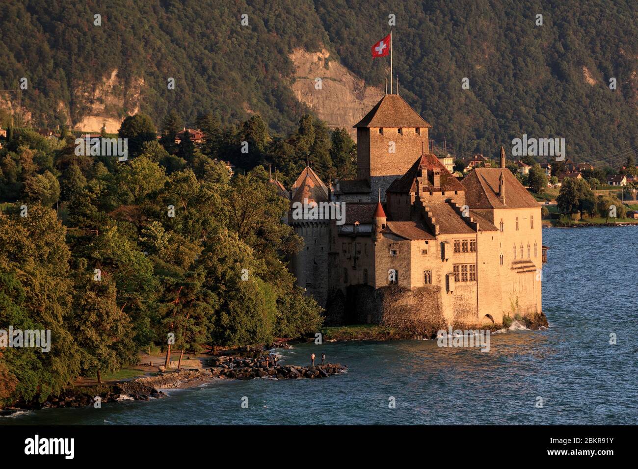 Switzerland, Canton of Vaud, Veytaux, Lake Geneva and Ch?teau de ...