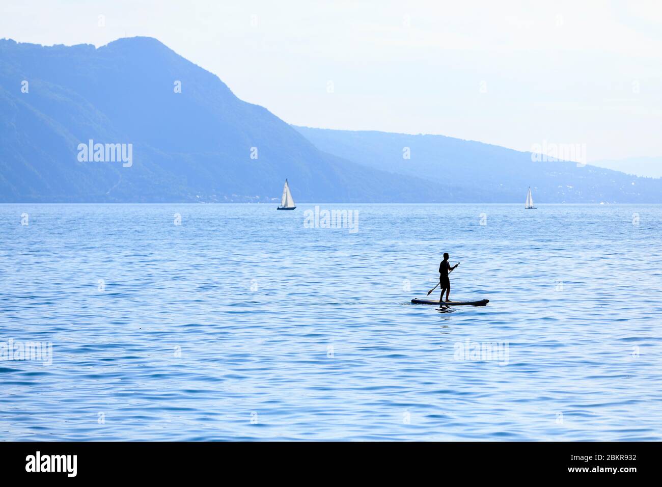 Switzerland, Canton of Vaud, La Tour de Peliz, Lake Geneva, paddle ...