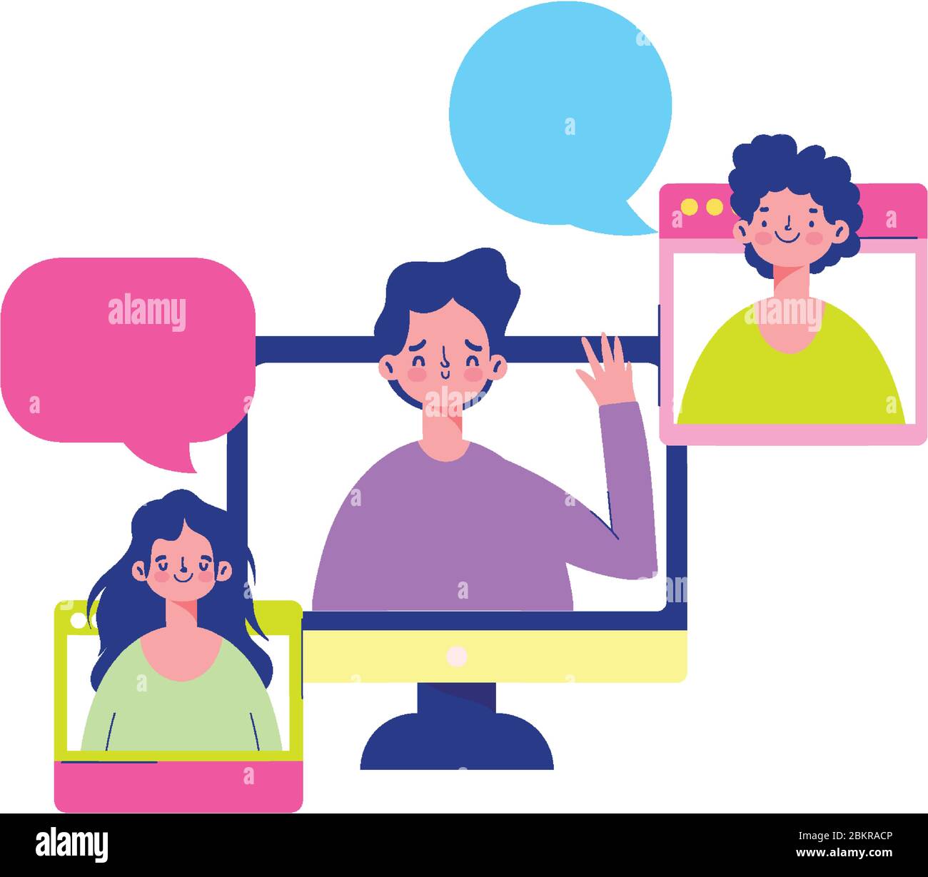 education online, laptop students cartoon characters talking bubbles ...