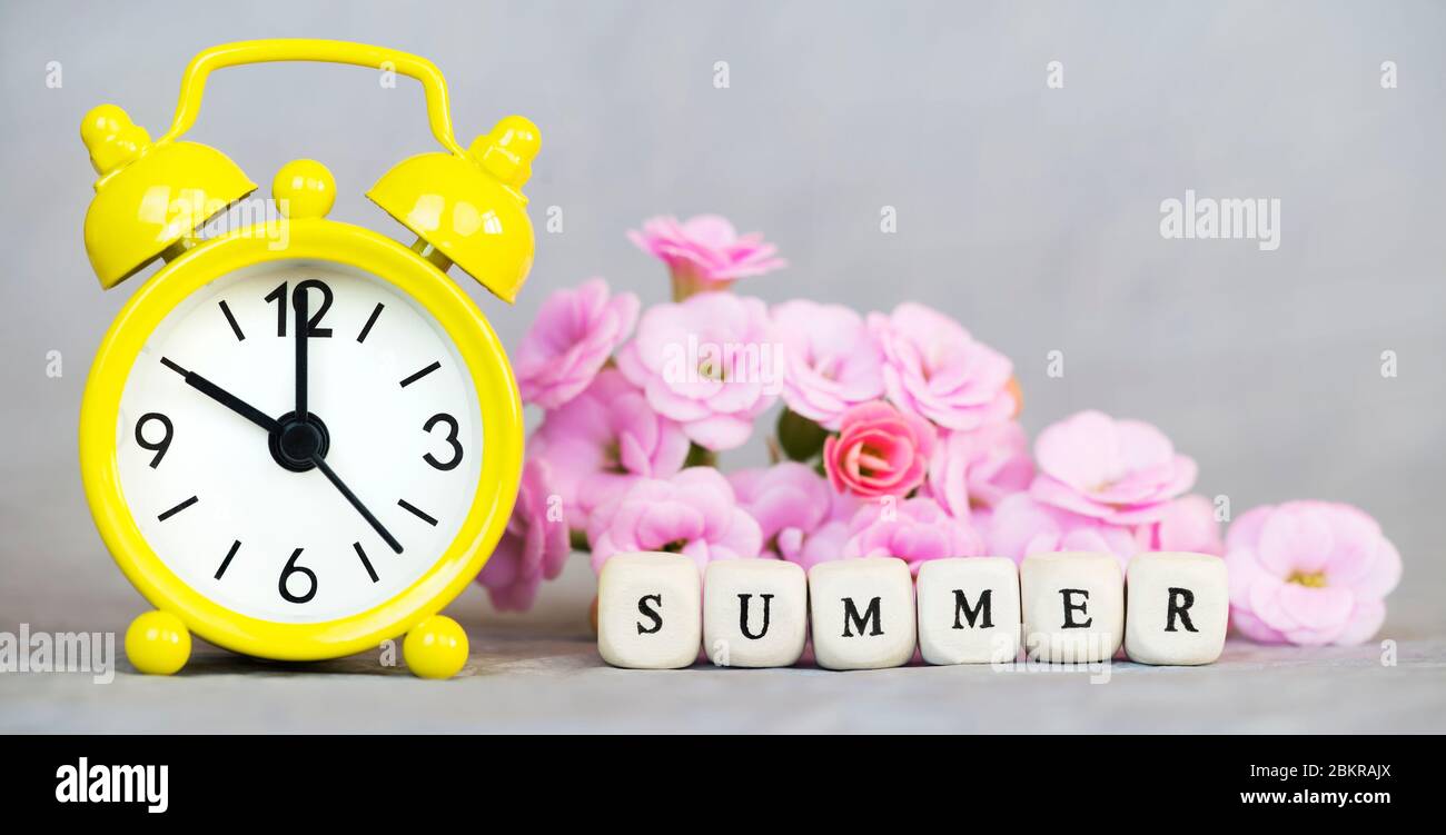 Yellow alarm clock and pink flowers on gray background, summer time ...