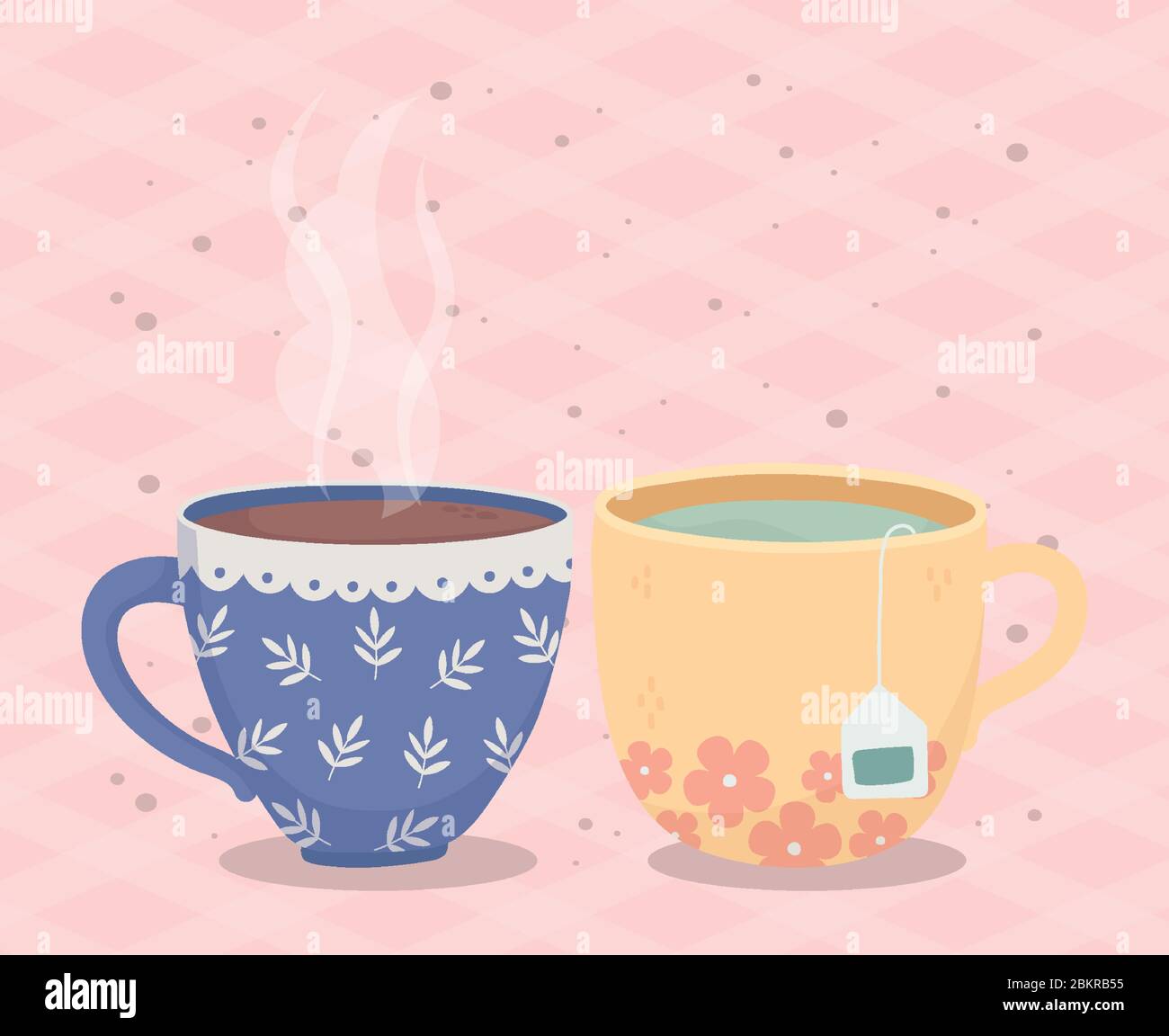 coffee time, cups coffee tea teabag fresh beverage vector illustration ...