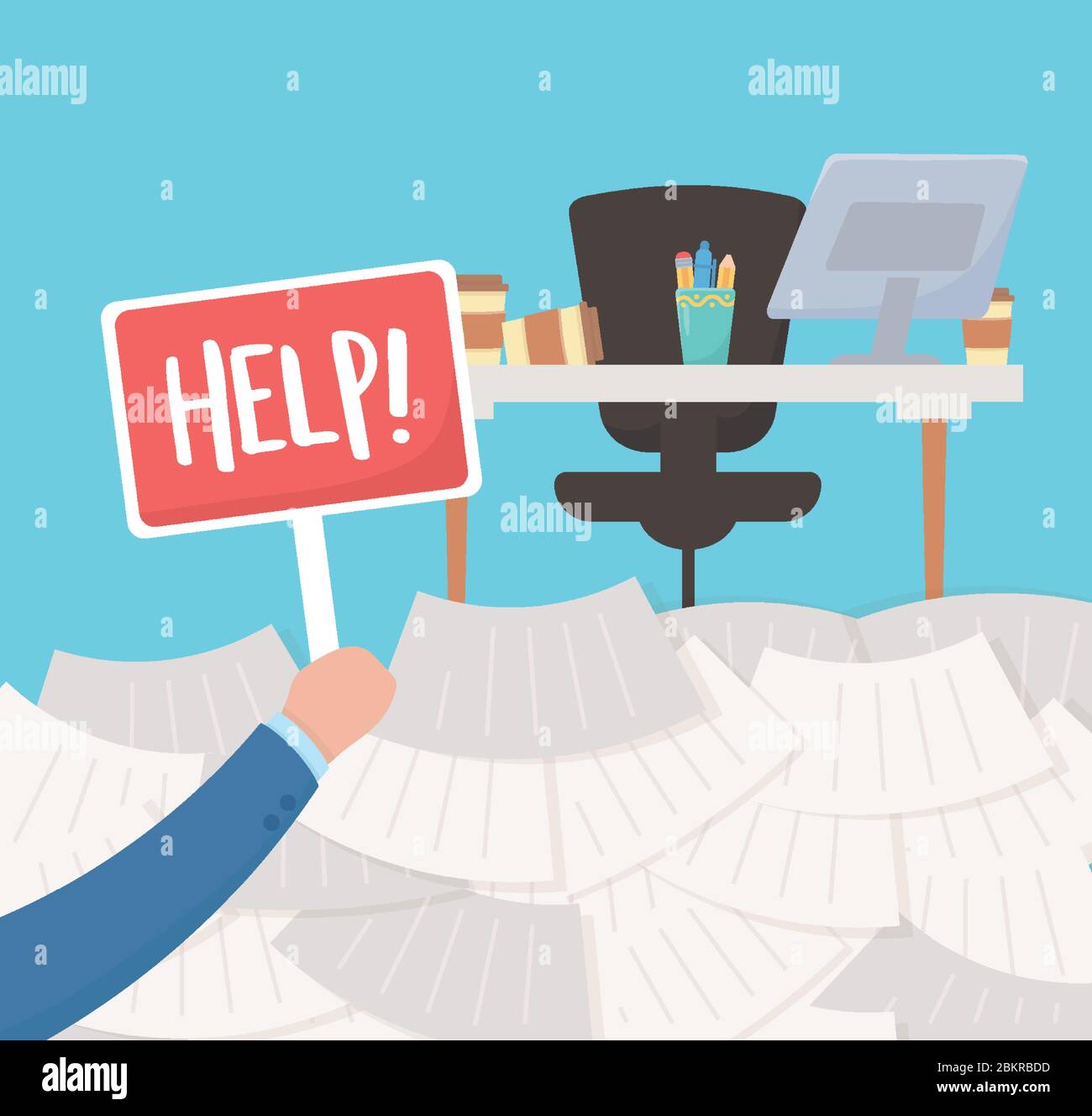 stress at work, hand holding help placard office desk and many papers ...