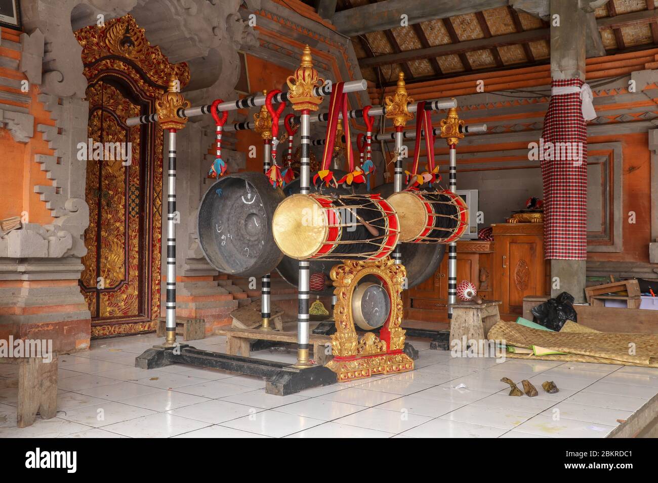 Musical instruments in a Hindu temple on Bali island, Indonesia. Drums ...