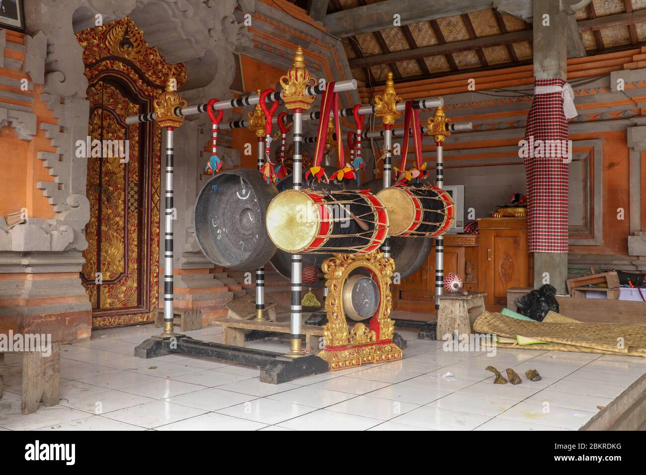Musical instruments in a Hindu temple on Bali island, Indonesia. Drums ...