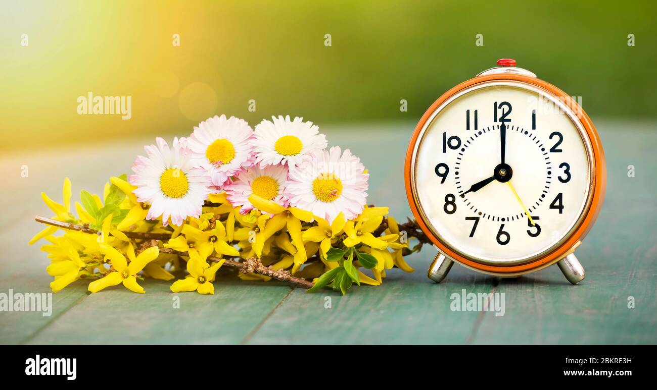 Summertime concept - web banner of fresh flowers and orange retro alarm ...