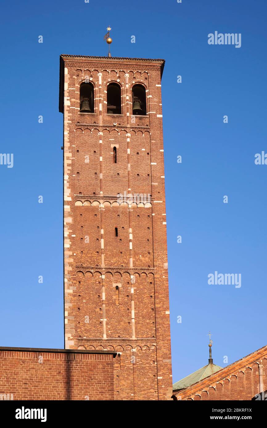 Italy, Lombardy, Milan, Basilica of Sant Ambrogio, bell tower Stock ...