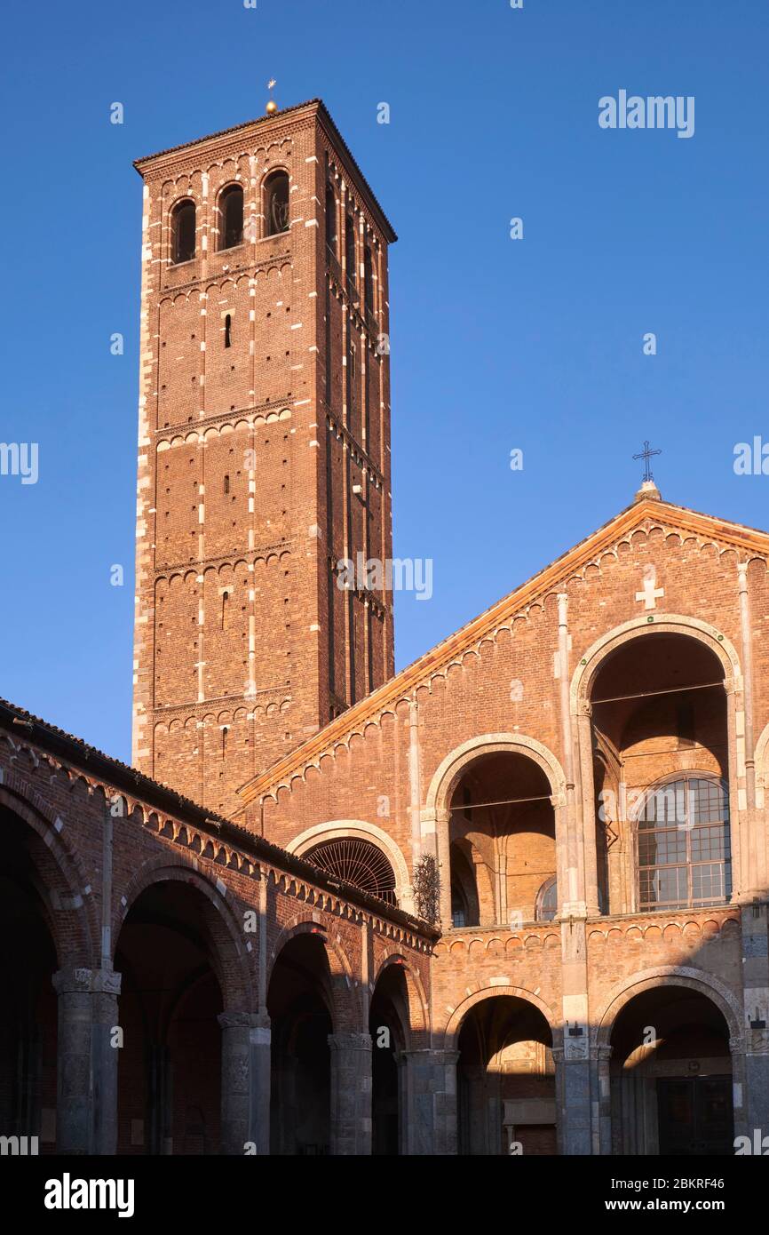 Italy, Lombardy, Milan, Basilica of Sant Ambrogio, bell tower Stock ...