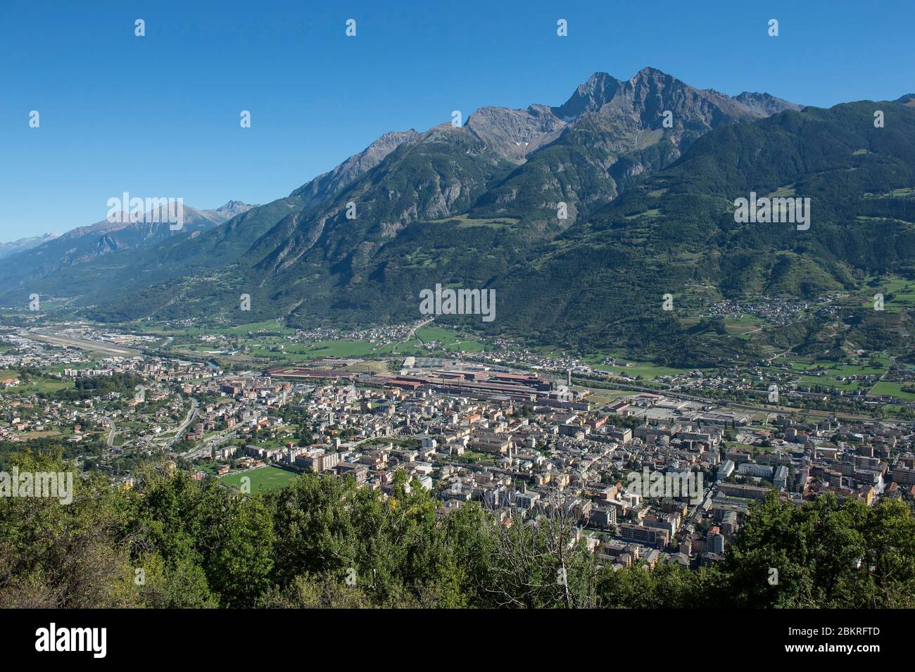 Italy, Aosta Valley, general bird's eye view of Aosta and Mount Emilius ...