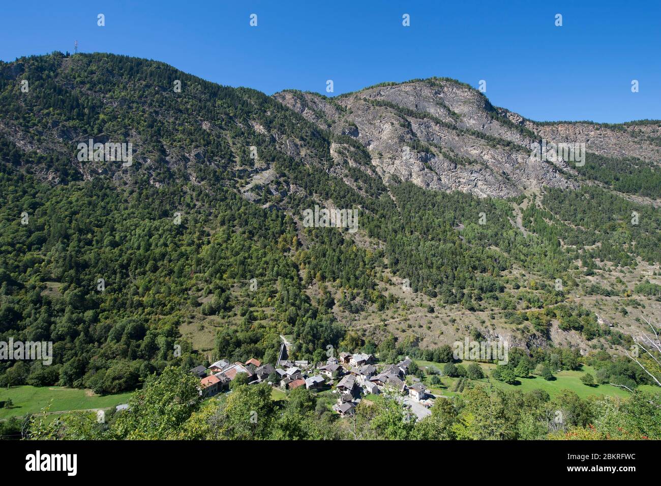 Italy, Aosta Valley, view of the hamlet of Pondel and Roman bridge from ...