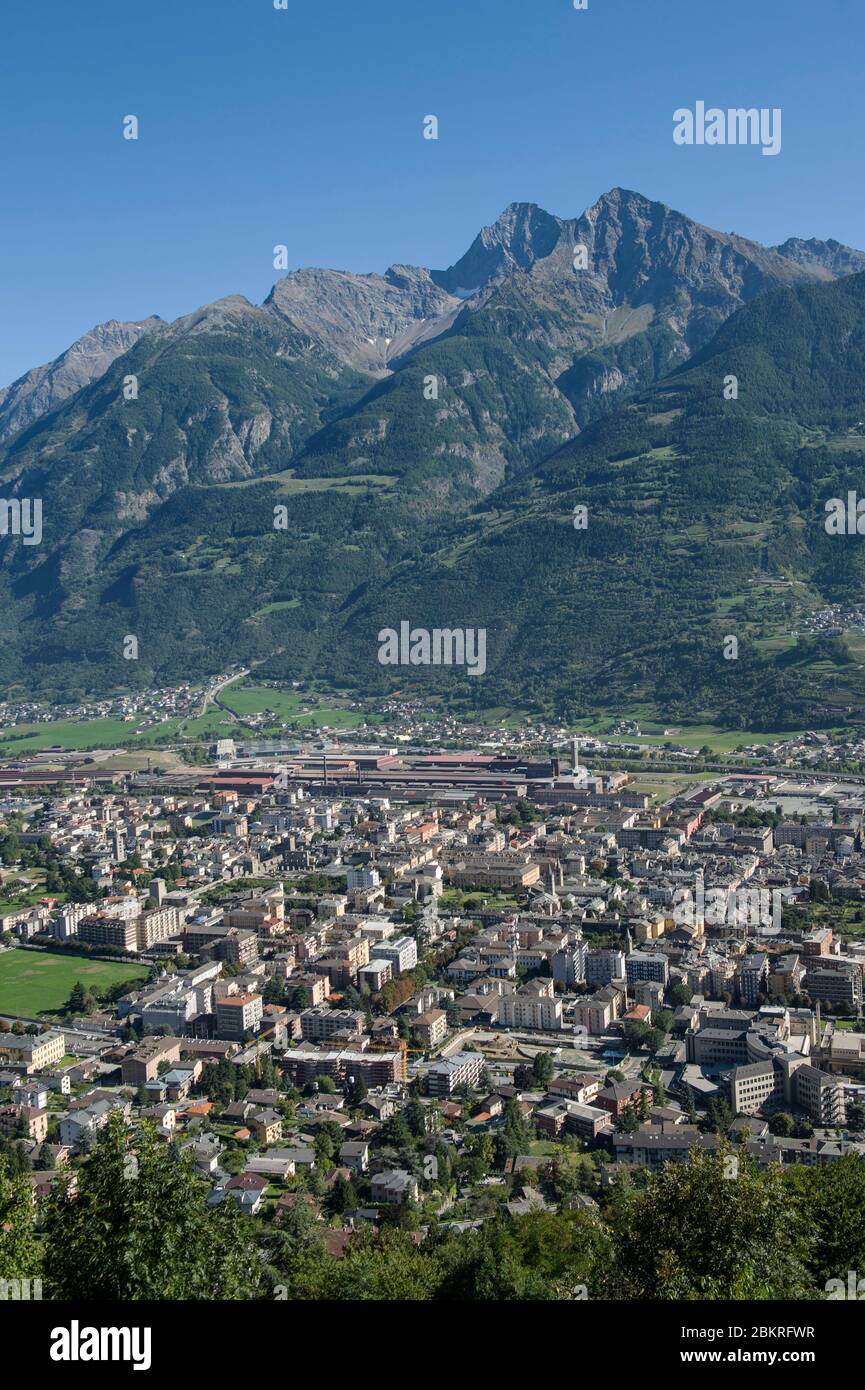 Italy, Aosta Valley, general bird's eye view of Aosta and Mount Emilius ...
