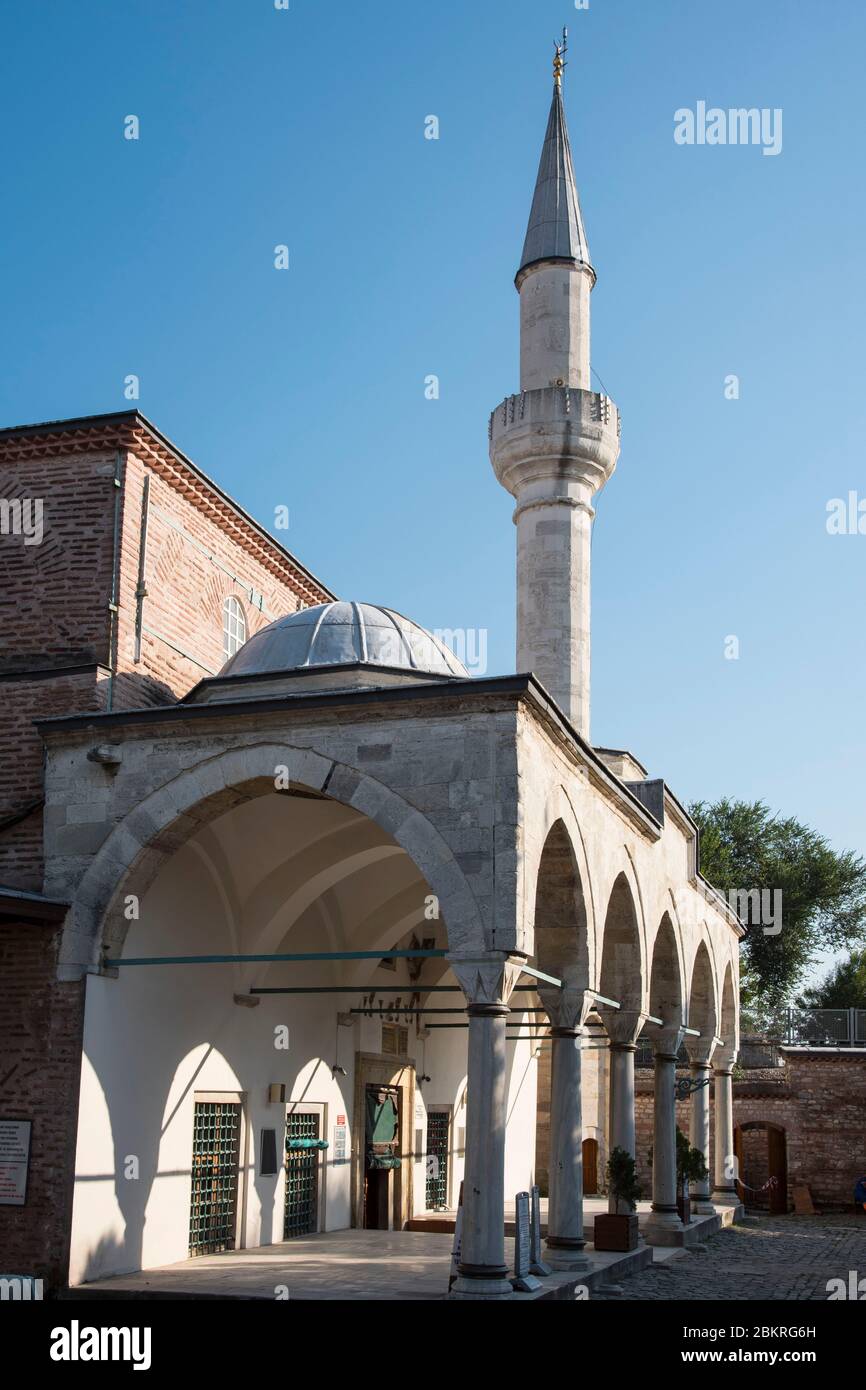 Turkey, Istanbul, a minaret of the Blue Mosque and the interior ...