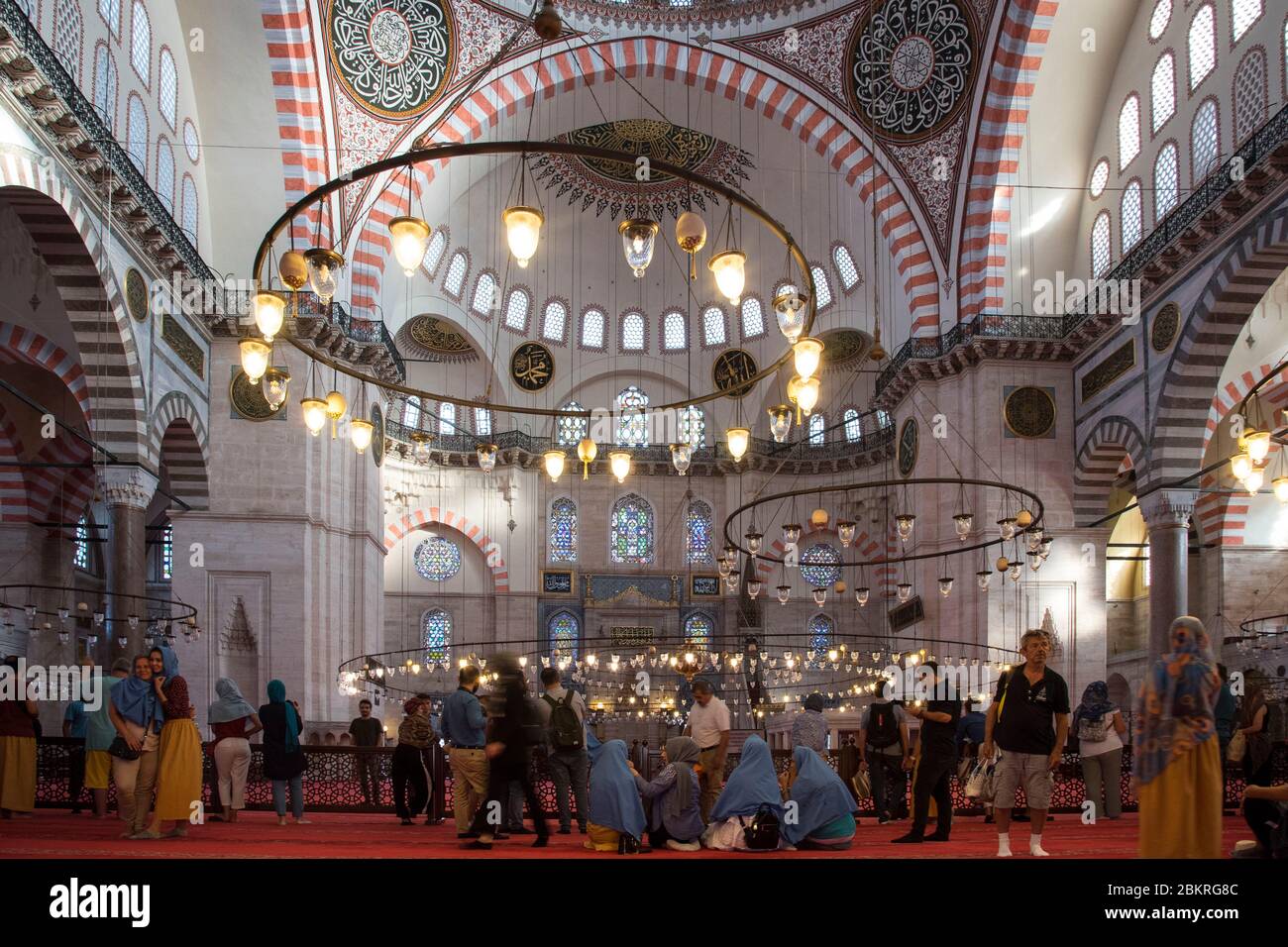 Turkey, Istanbul, Suleymaniye mosque, circular candlesticks in the ...