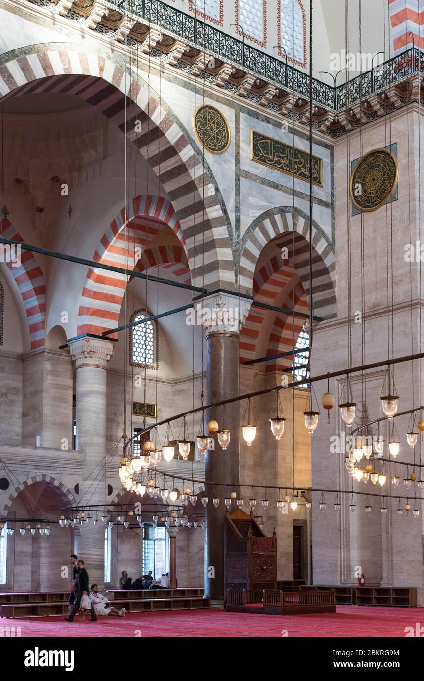 Turkey, Istanbul, Suleymaniye mosque, pillars and arcades support the ...
