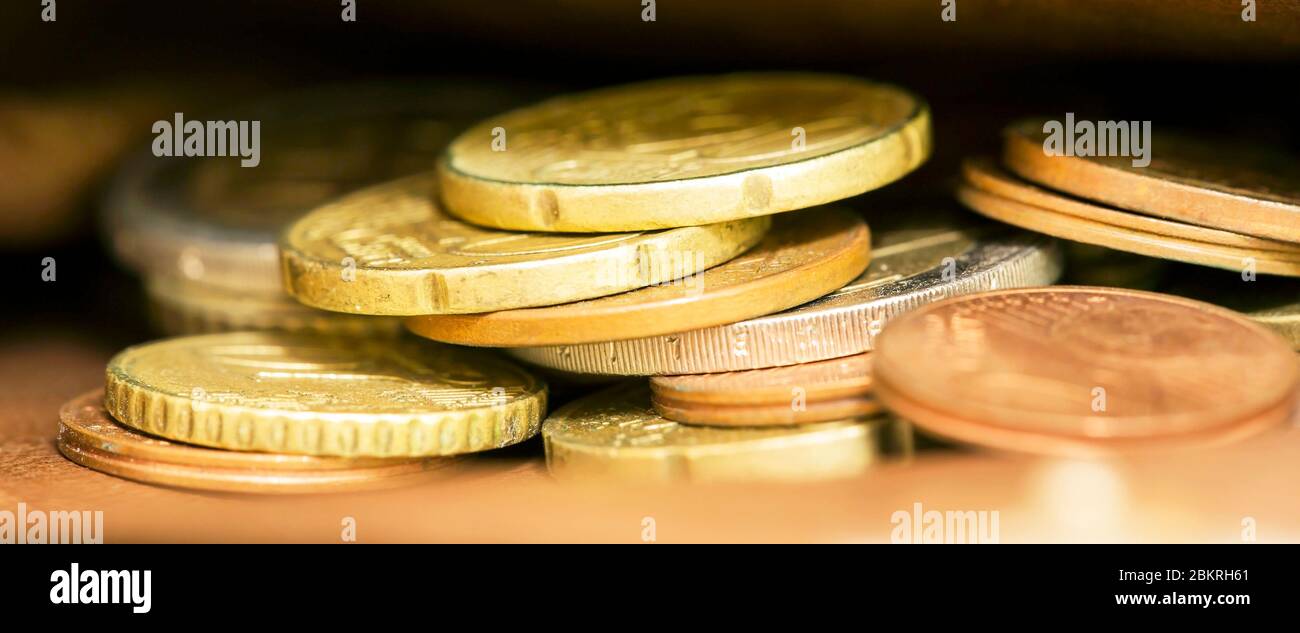Golden coins closeup - web banner of Euro money savings concept Stock ...