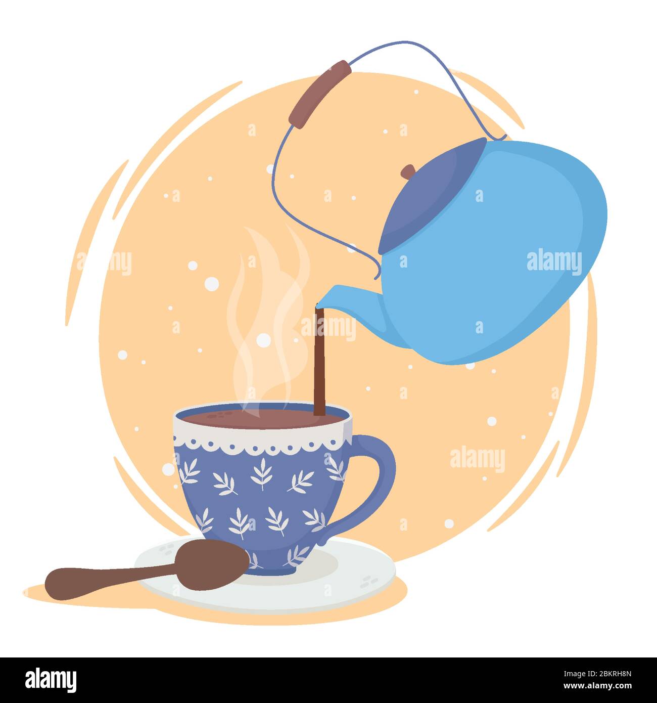 coffee time, kettle pouring in cup spoon fresh beverage vector ...