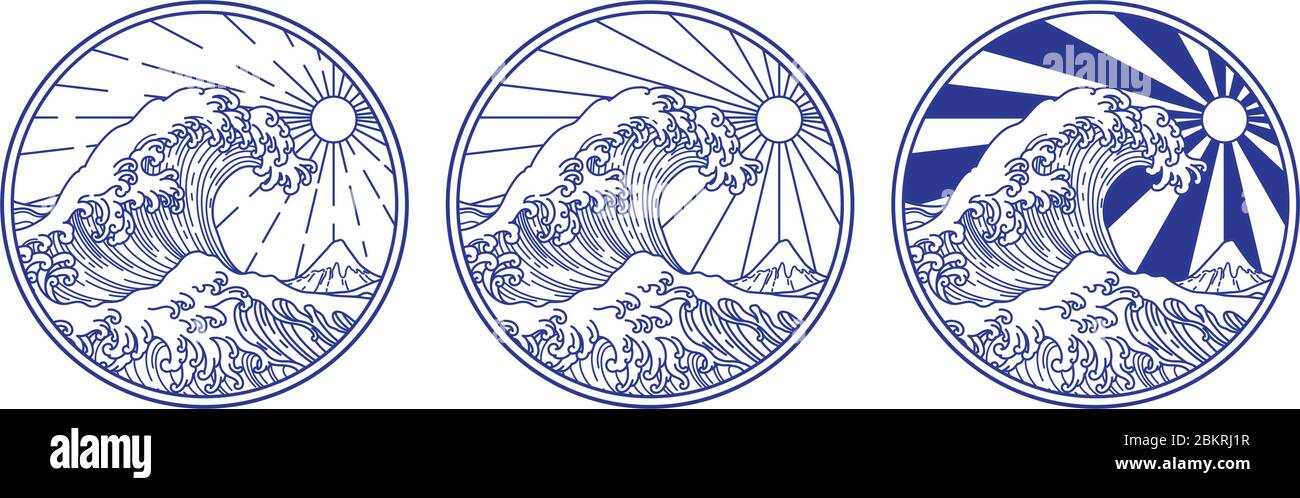 Big ocean wave line vector illustration. Design in circle shape with ...