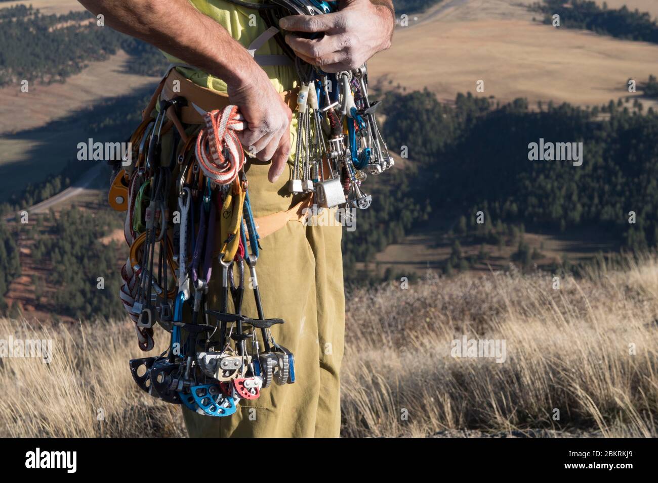 United States, Wyoming, Devils Tower, Climbing in El Matador, Close-up ...