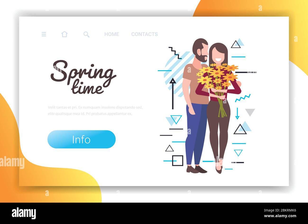 happy young couple with flowers standing together man woman having ...