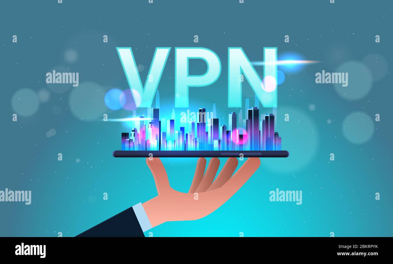 hand holding smartphone with city virtual private network cyber web security privacy concept ...