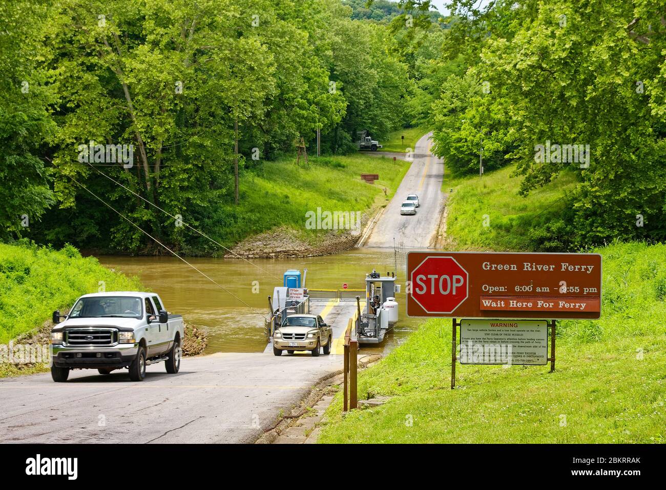 Green River Ferry, developed 1934, boat crossing water, pulled by cable ...