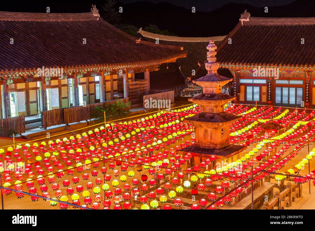 South Korea, South Gyeongsang Province, Haein Temple, night view of ...