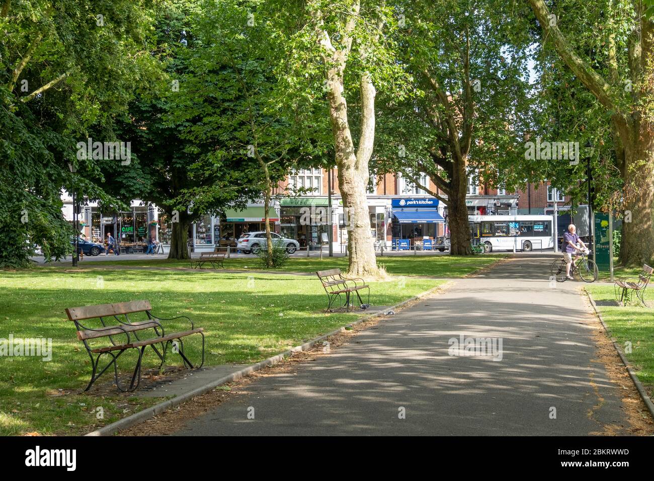 LONDON- JULY, 2019: Small independent shops on The Green in Ealing, an ...