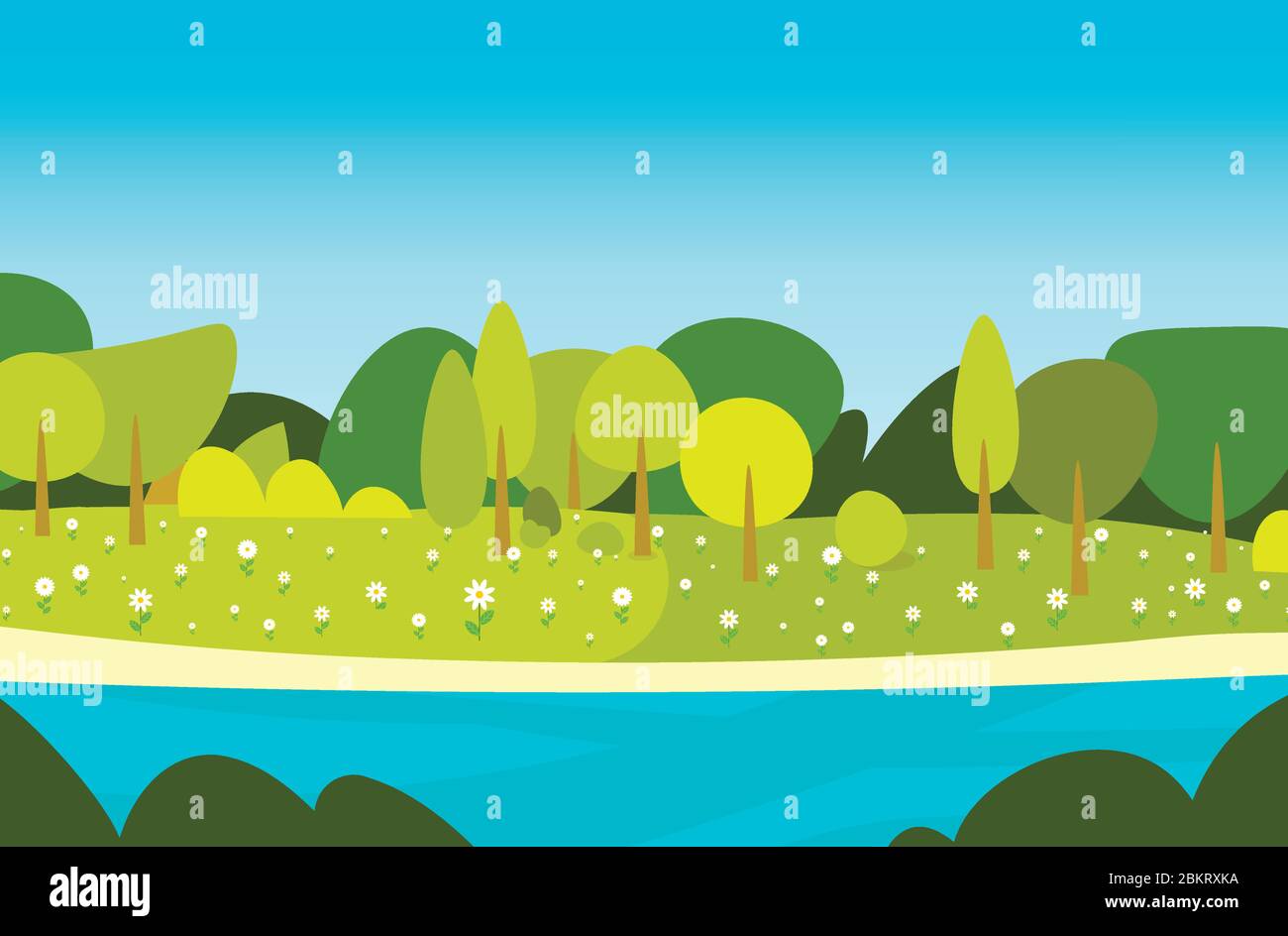 beautiful spring landscape with river and blue sky horizontal vector ...