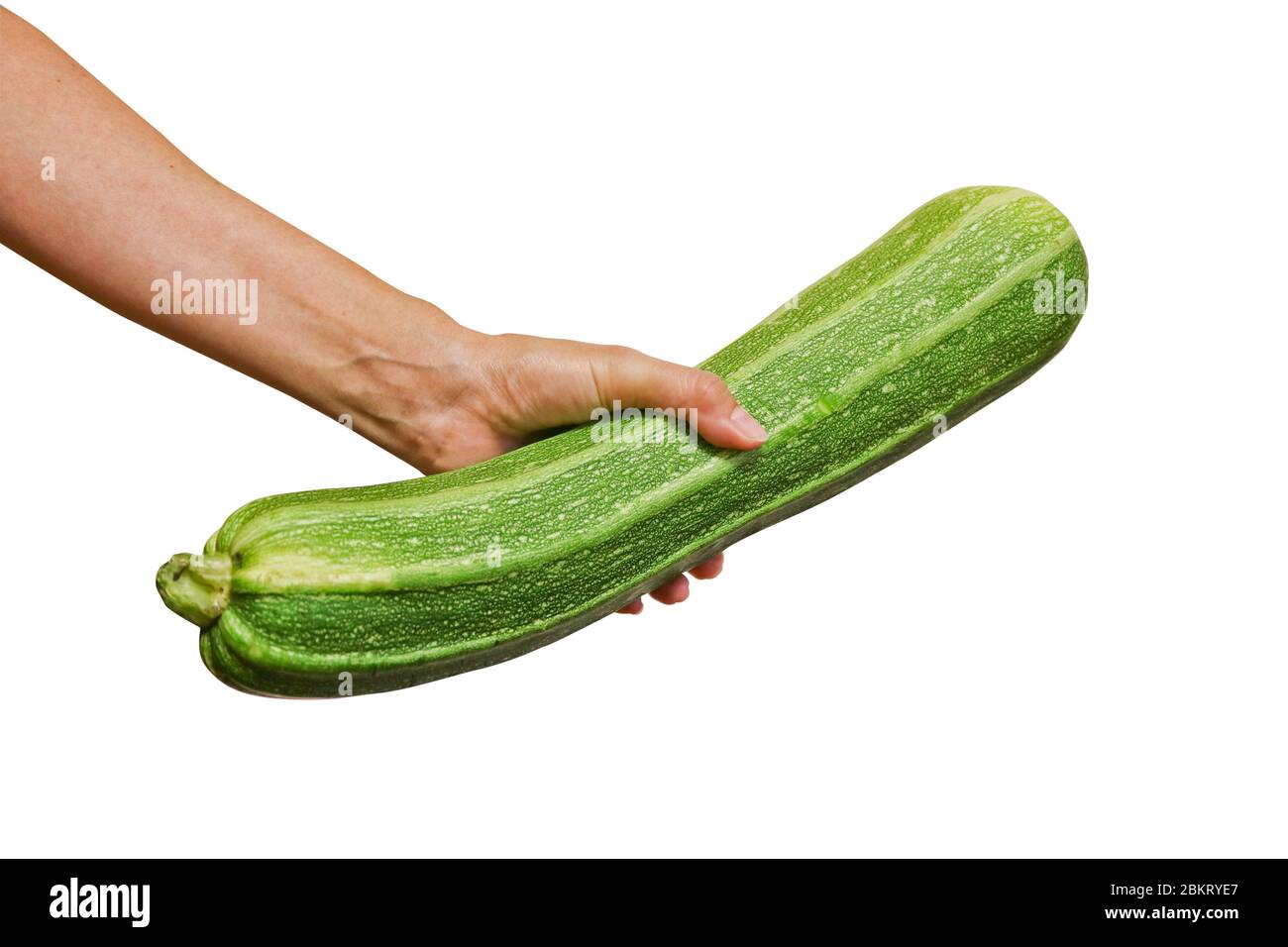 Fresh green zucchini in a female hand. Healthy vegan food. Isolated ...