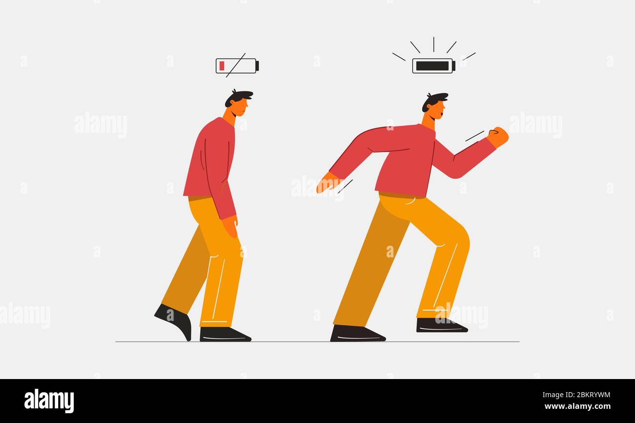 Tired energetic worker with battery symbol. Tired, rested man with ...